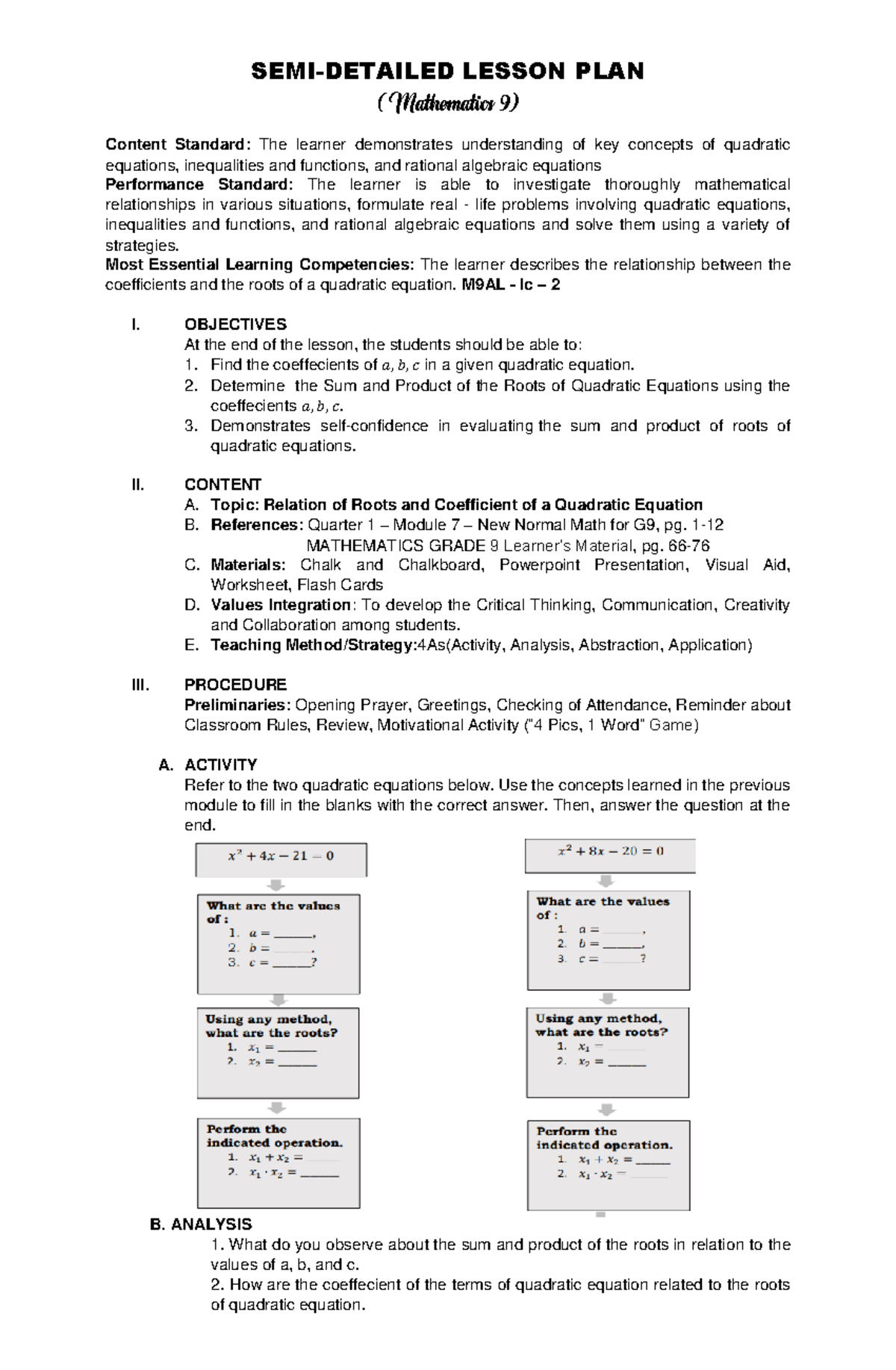 SEMI DLP-JHS - REFERENCE - SEMI-DETAILED LESSON PLAN (Mathematics 9 ...