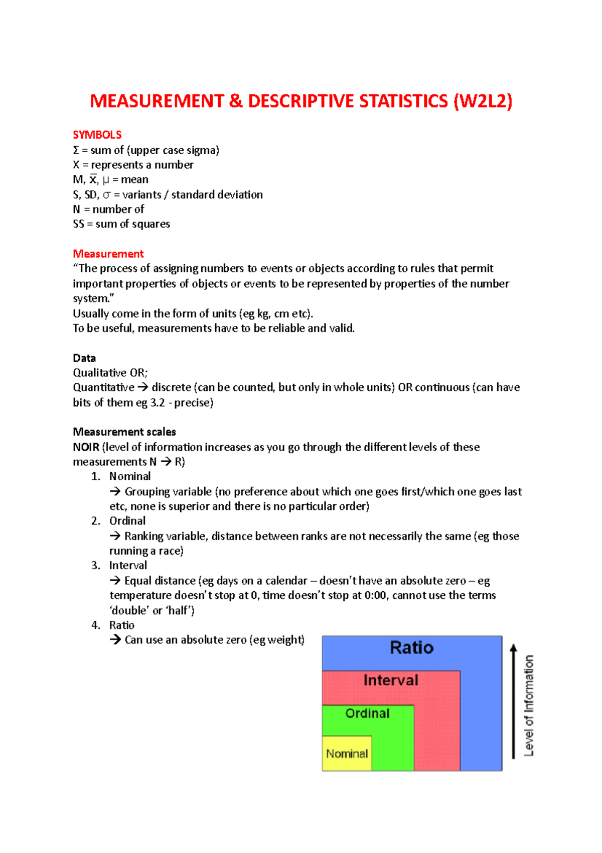 Measurement - MEASUREMENT & DESCRIPTIVE STATISTICS (W2L2) SYMBOLS Σ ...