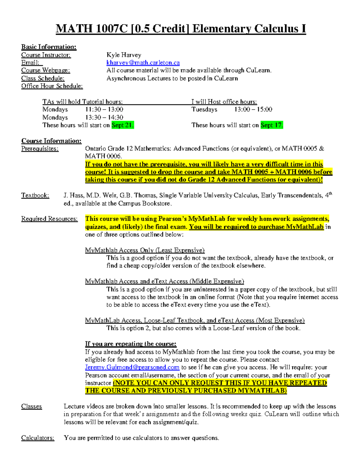 Course Outline - MATH 1007 C - Math 1007 - Carleton - Studocu