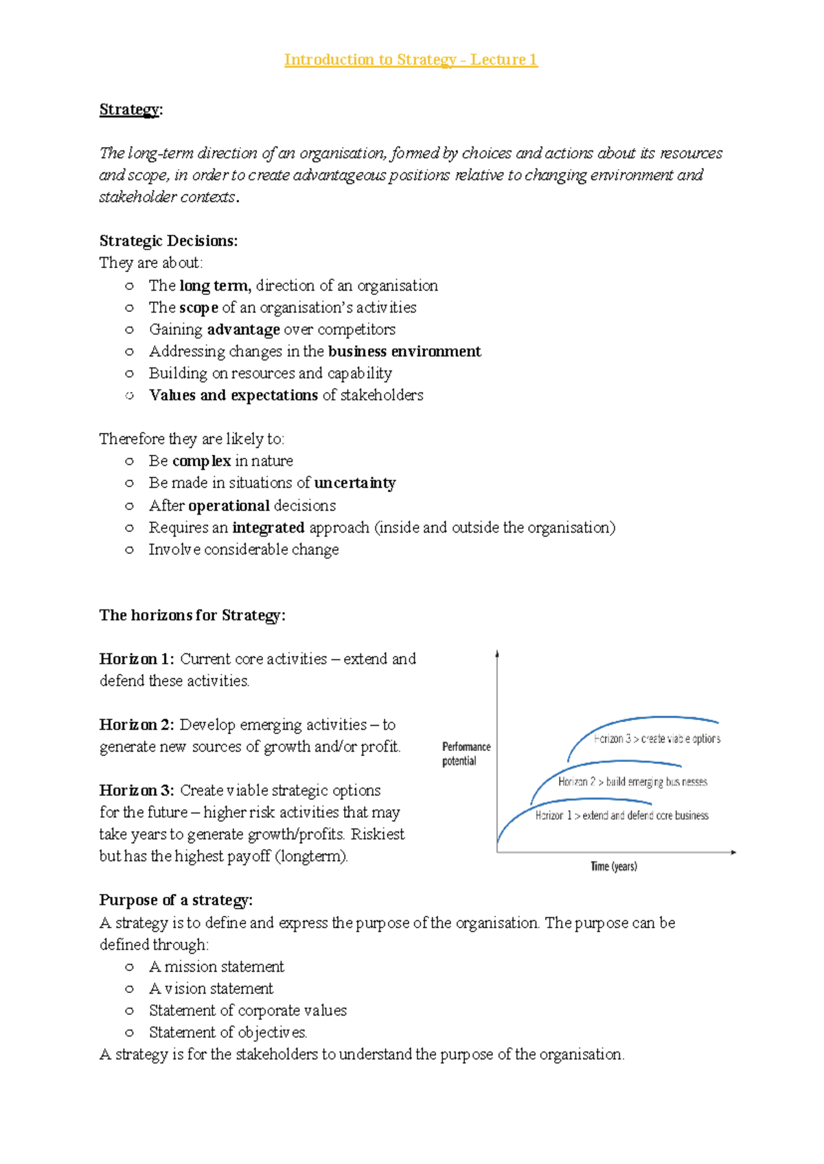 Lecture 1 Notes Introduction To Strategy Lecture 1 Strategy The Long Term Direction Of An 