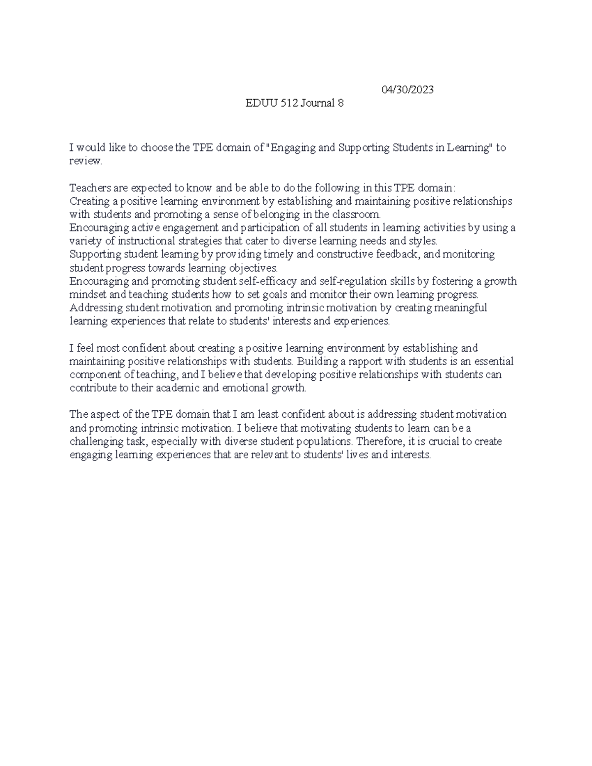 Week 8 journal assignment - 04/30/ EDUU 512 Journal 8 I would like to ...