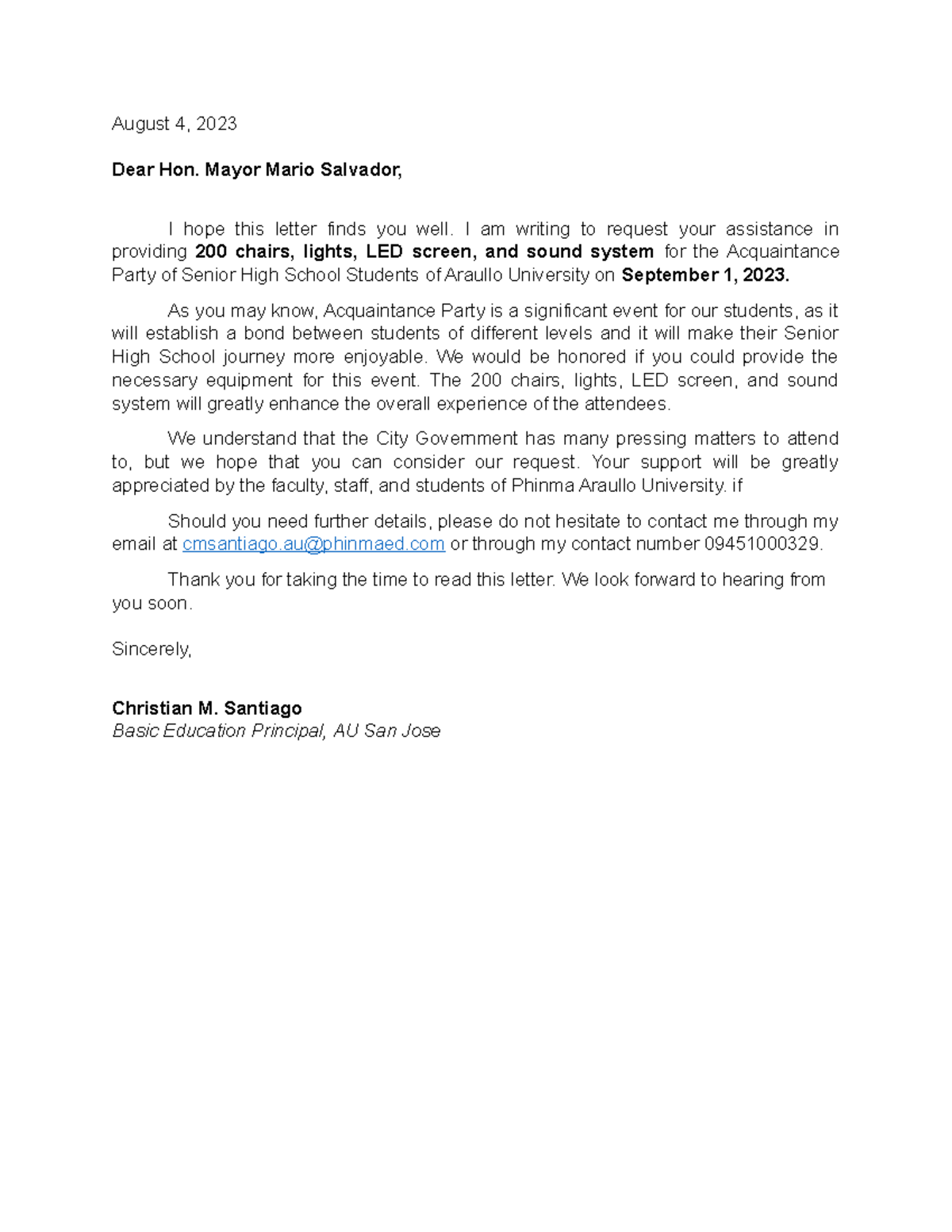 Acquaintance Party Request Letter - August 4, 2023 Dear Hon. Mayor ...