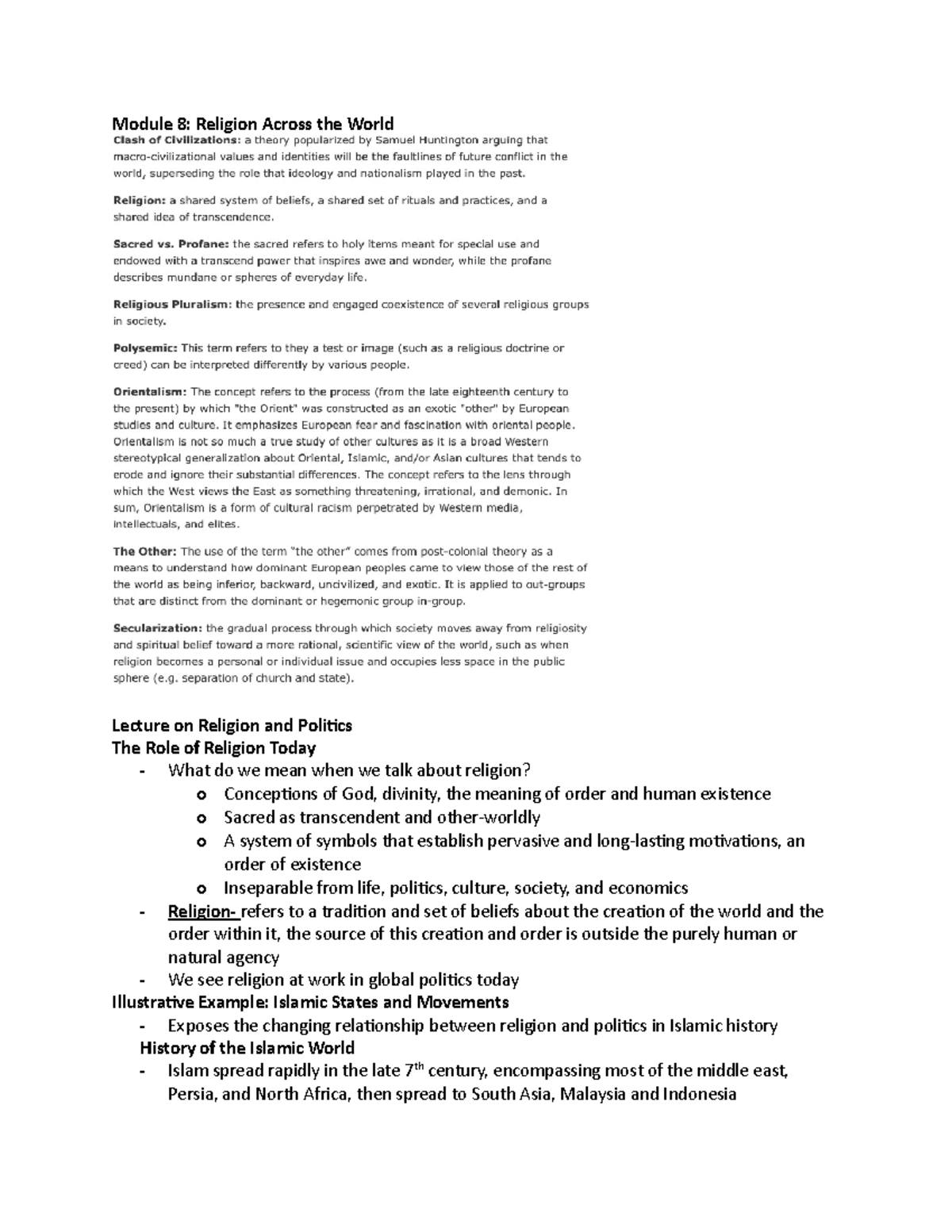 Module 8 notes - Religion Across the World - Module 8: Religion Across ...
