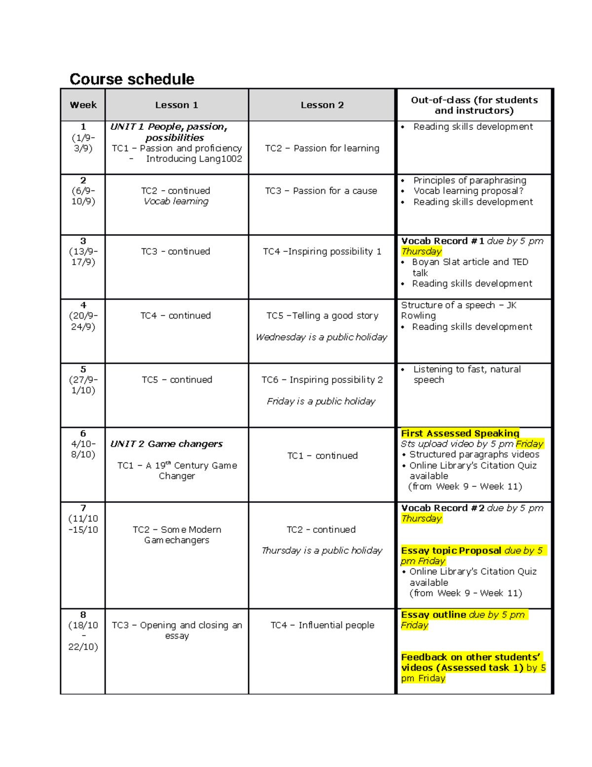 Course Schedule 2020 fall semester - Course schedule Week Lesson 1 ...