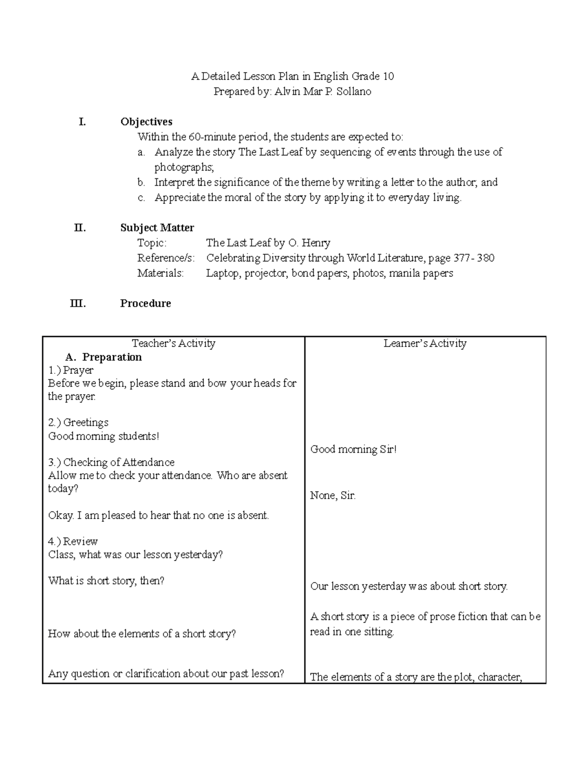 The Last Leaf by O. Henry - A Detailed Lesson Plan in English Grade 10 ...