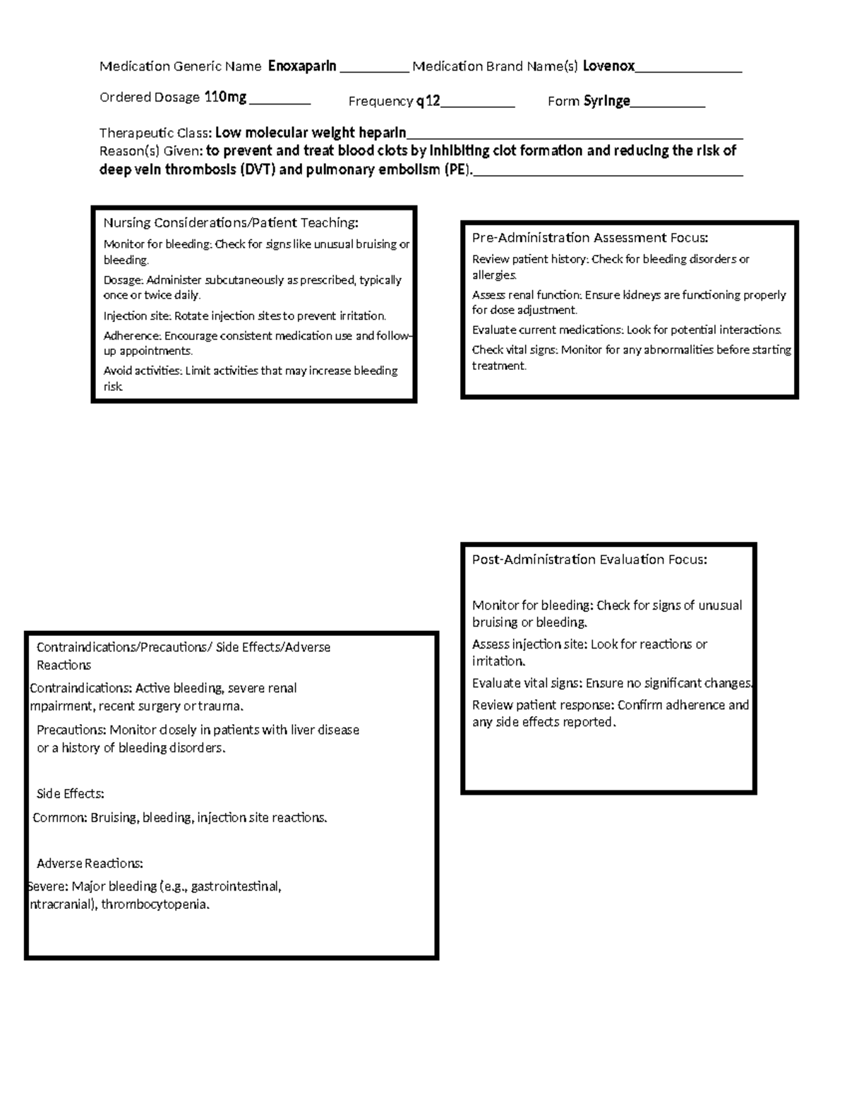 Carl Med Card - Medication Card - Medication Generic Name Enoxaparin ...