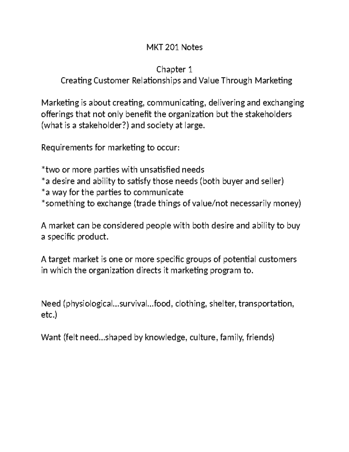 Mkt notes for all chapters - MKT 201 Notes Creating Customer ...