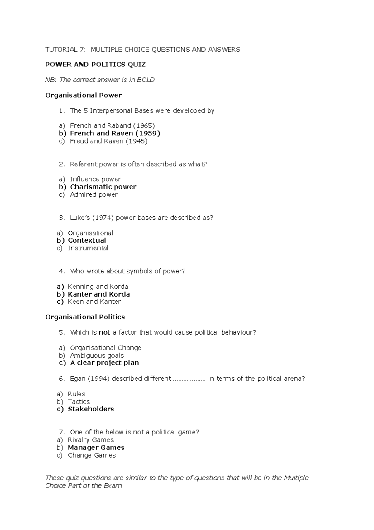 7 Multiple Choice Quiz Power Questions with answers - TUTORIAL 7 ...