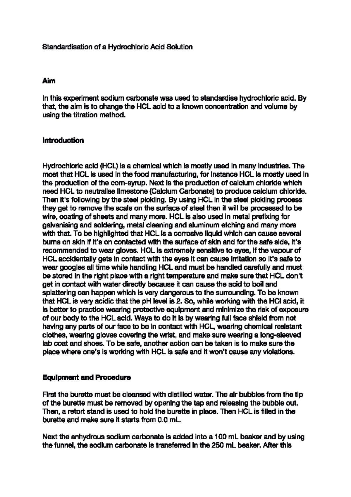 Standardisation of a Hydrochloric Acid Solution - Analytical chemistry ...