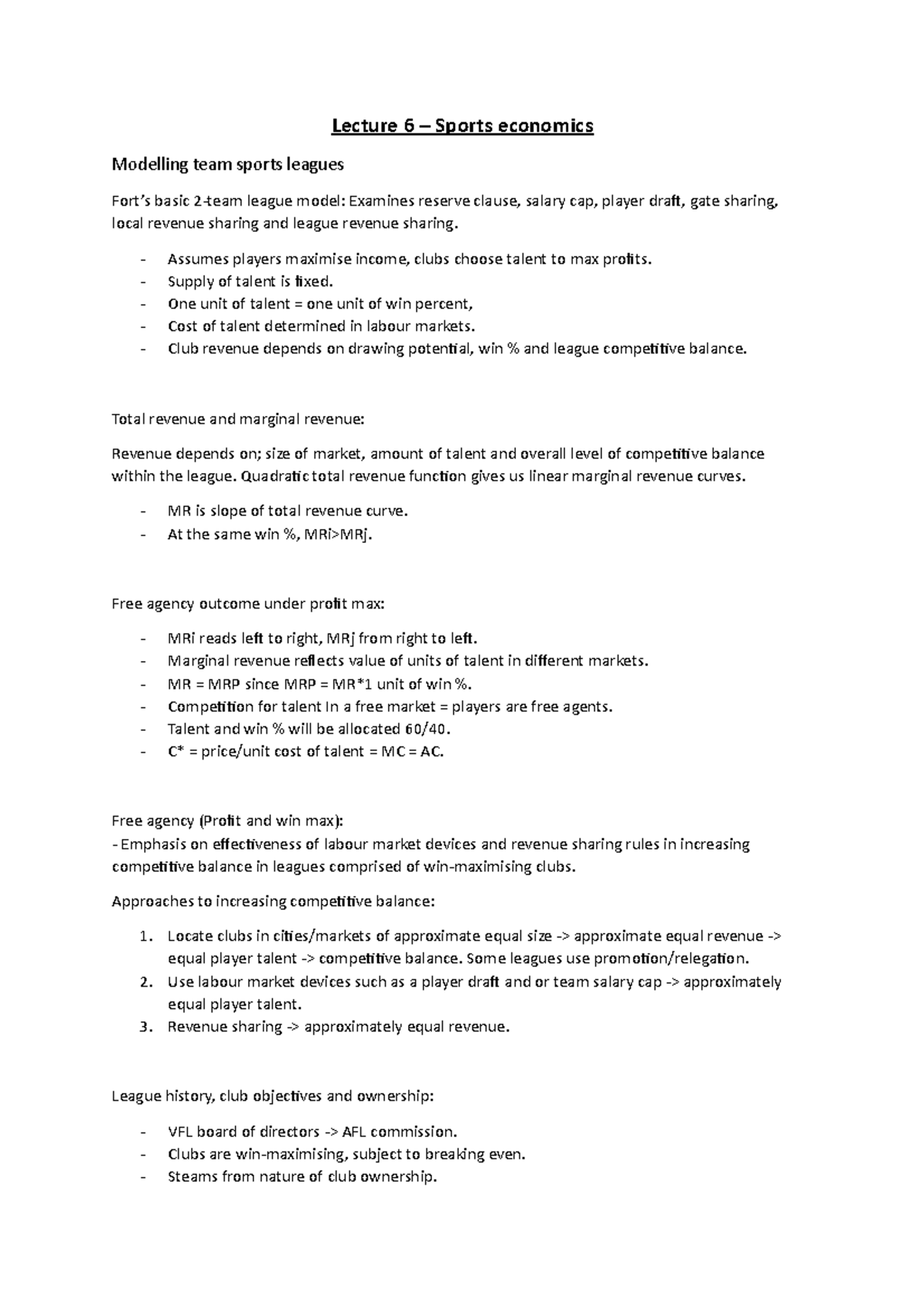 Lecture 6: Sports Economics - Modelling Team Sports Leagues - Studocu