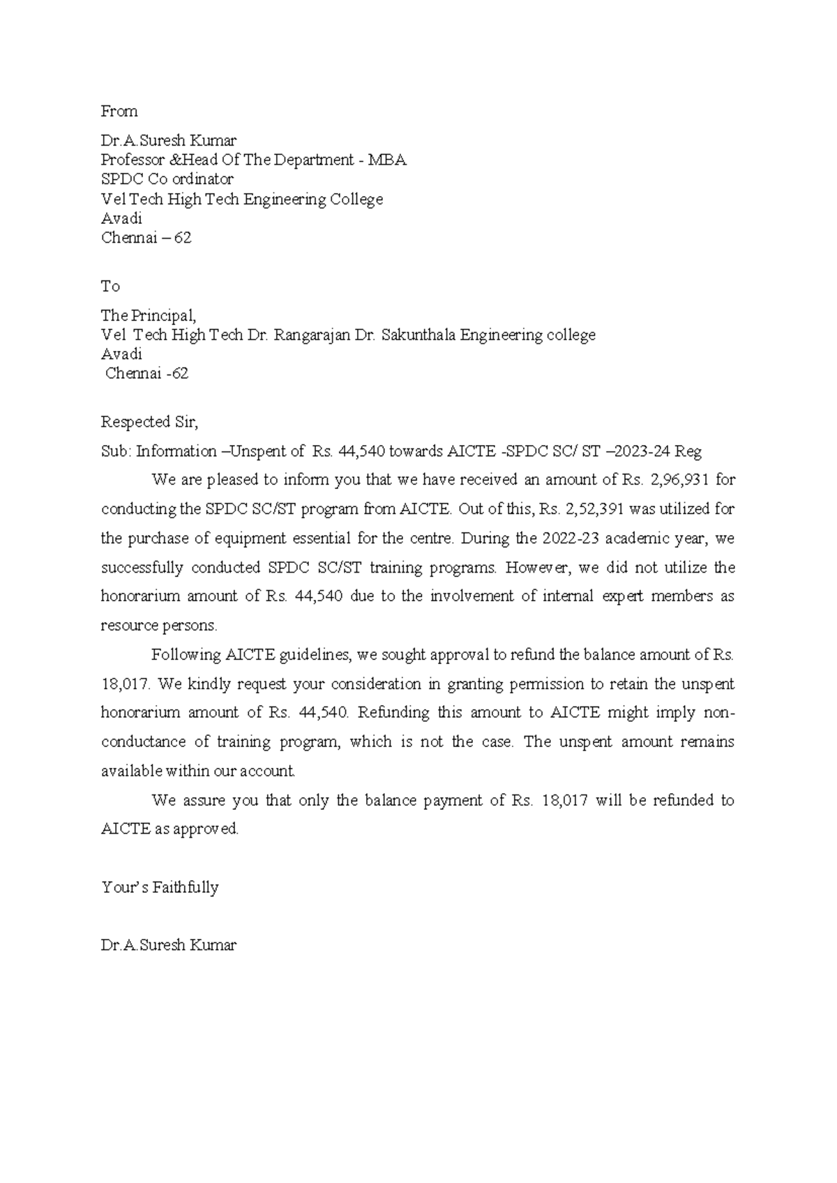 Spdc refund letter - NIL - From Dr.A Kumar Professor &Head Of The ...