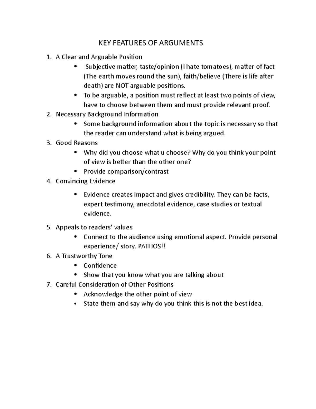 Key features of agruments - KEY FEATURES OF ARGUMENTS A Clear and ...
