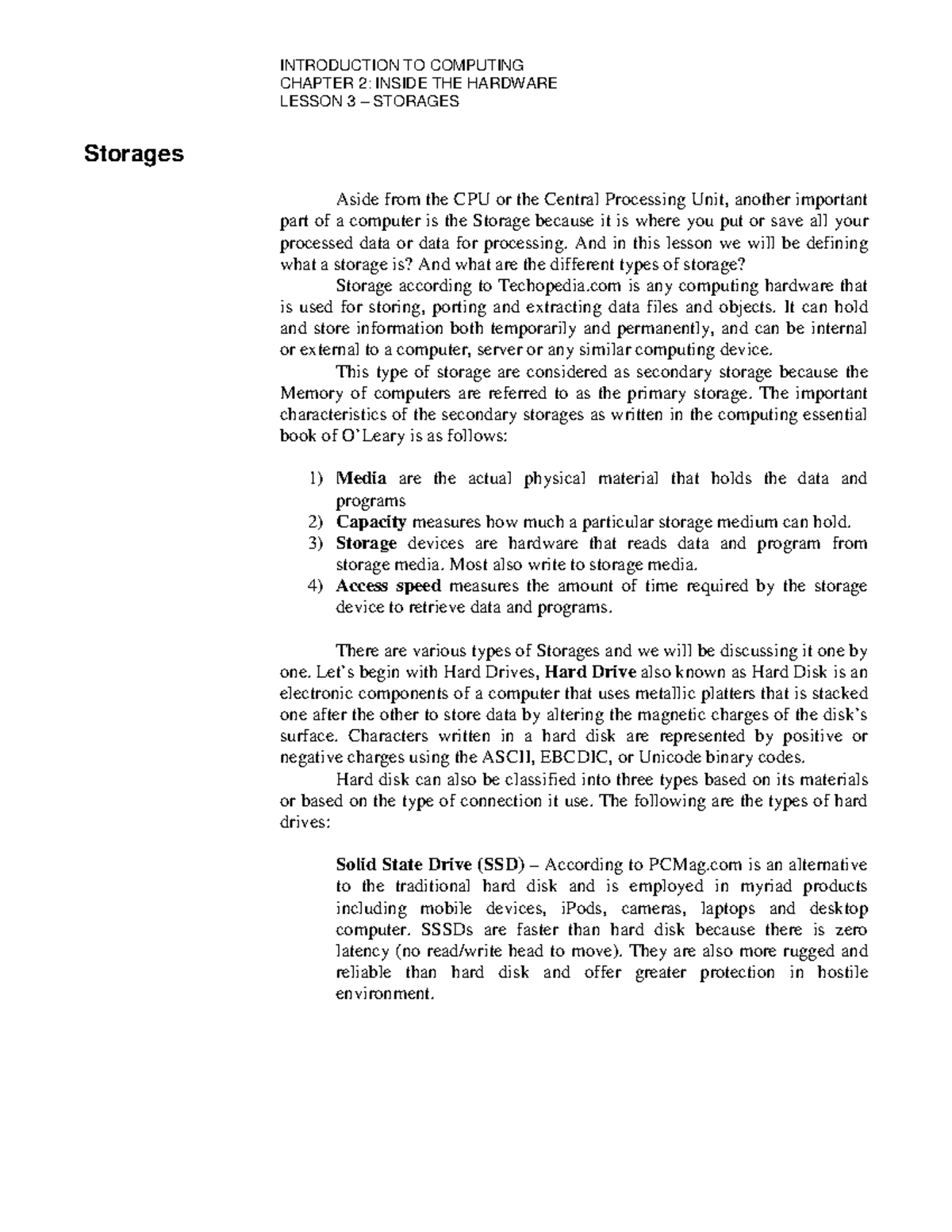 W5 Storages - Module - CHAPTER 2: INSIDE THE HARDWARE LESSON 3 ...