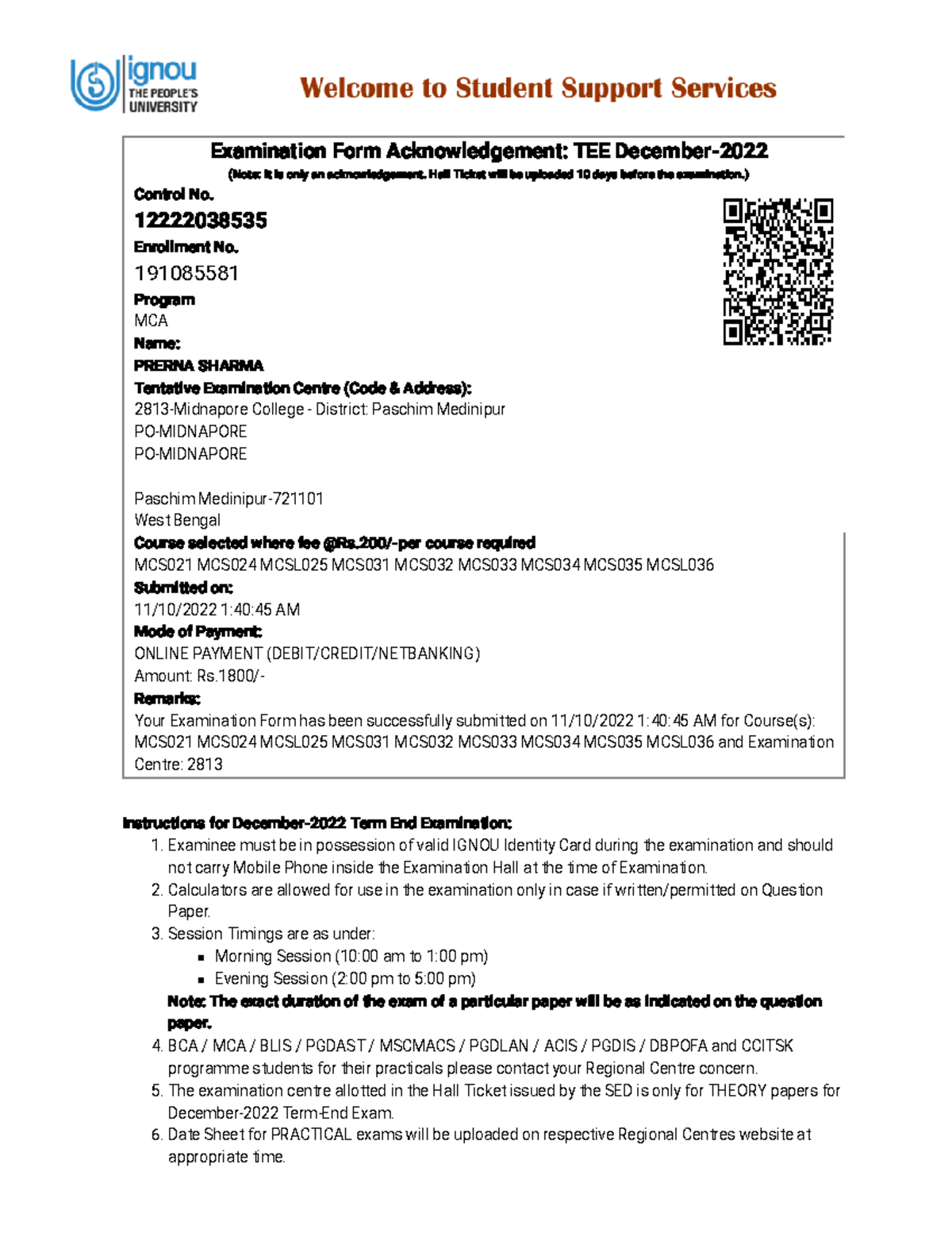 Ignou Examination Form Acknowledgement - Examination Form ...