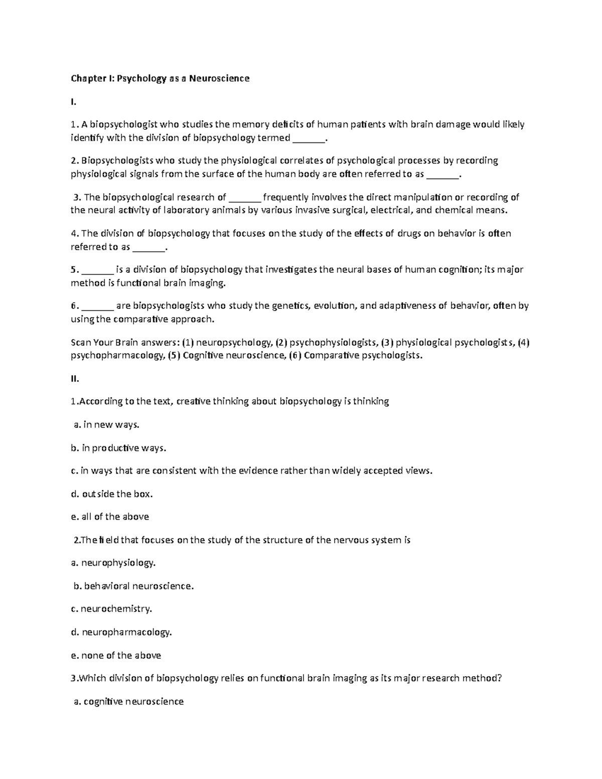 Biopsychology Chapter I - Chapter I: Psychology as a Neuroscience I. A ...