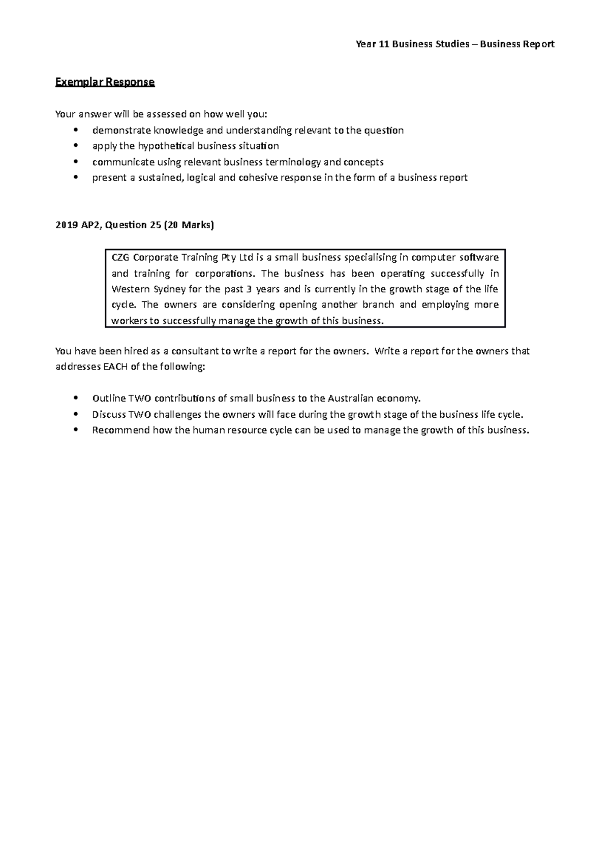 Business Report - Exemplar for the Year 11 course - Exemplar Response ...
