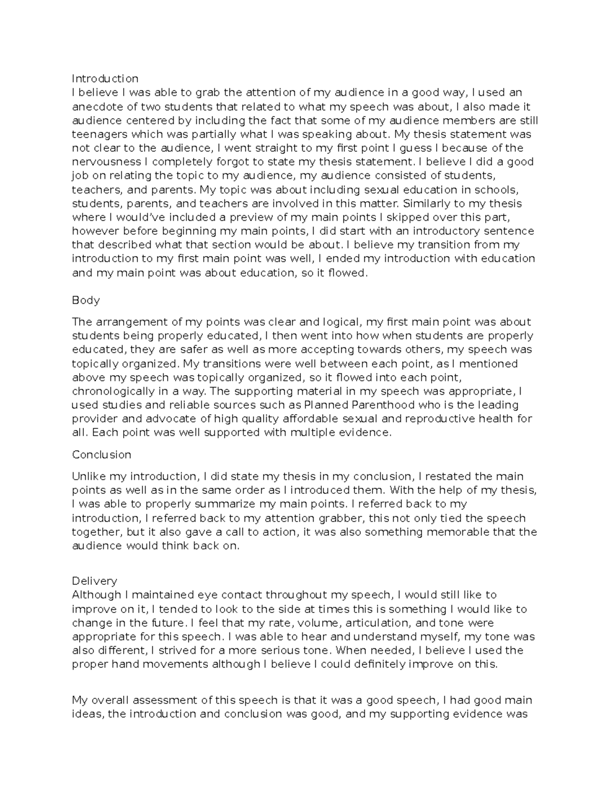 Speechcrit - example of speech critique - Introduction I believe I was ...