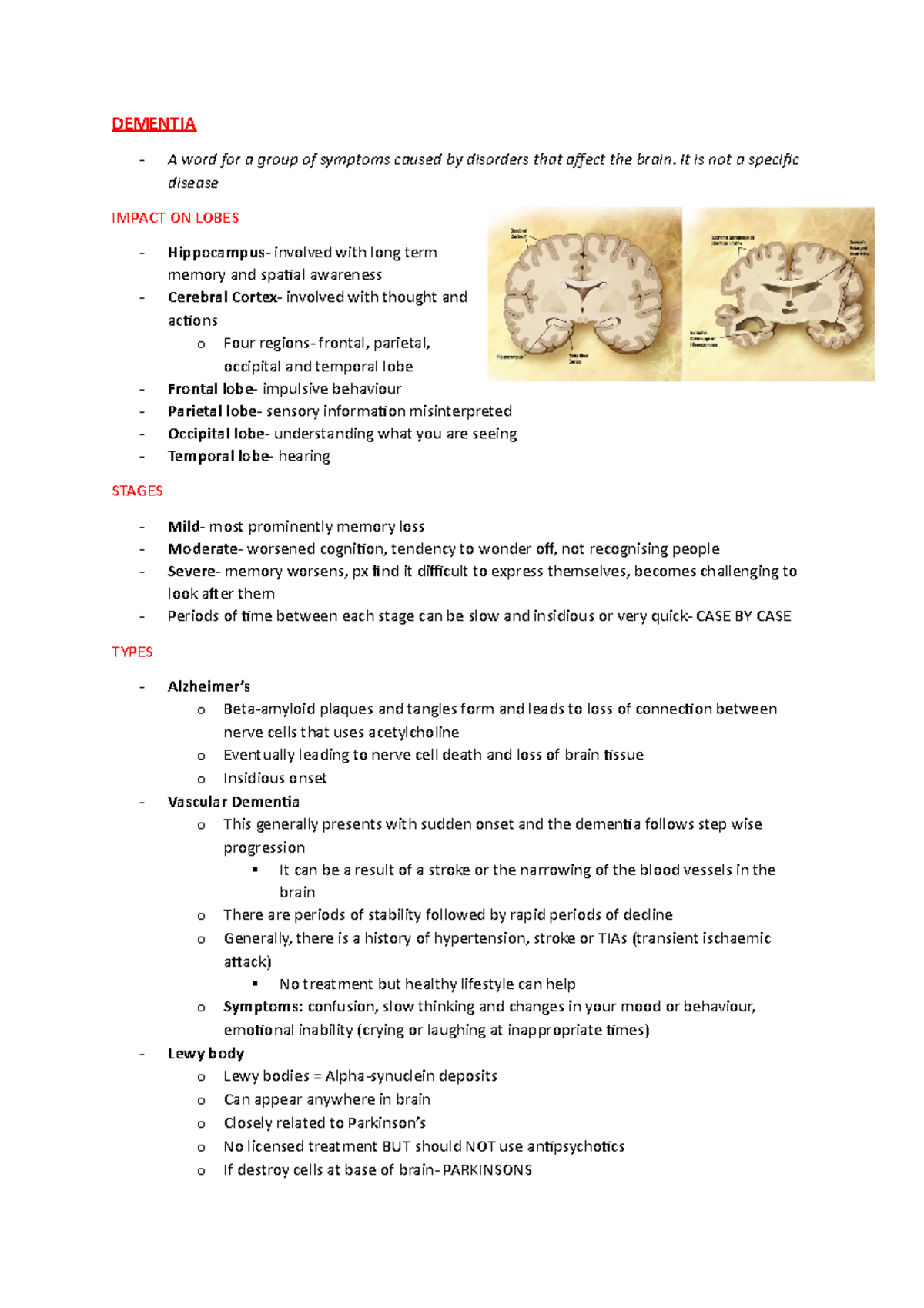 Dementia - Lecture notes 1-4 - DEMENTIA - A word for a group of ...