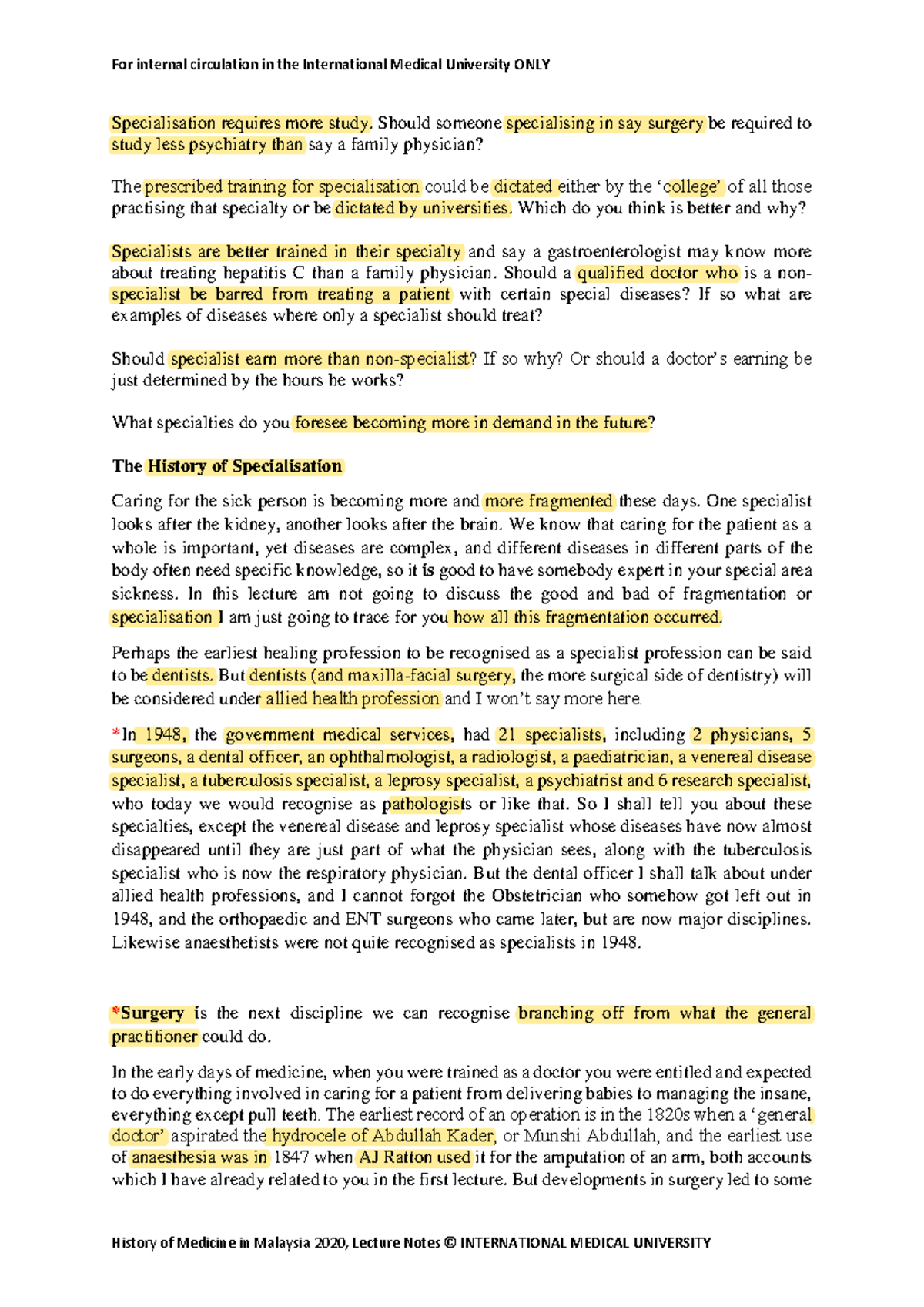 9. The History of Specialisation - Specialisation requires more study ...