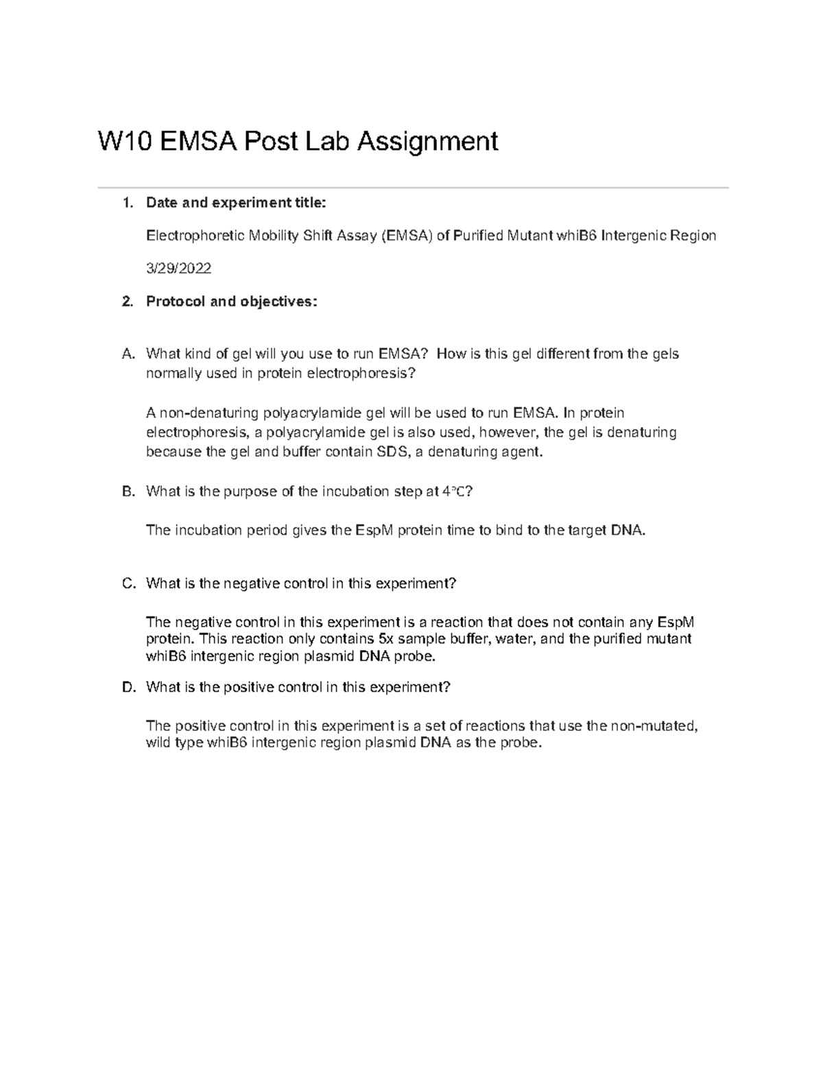 W10 - Post-Lab - W10 EMSA Post Lab Assignment Date and experiment title: Electrophoretic ...