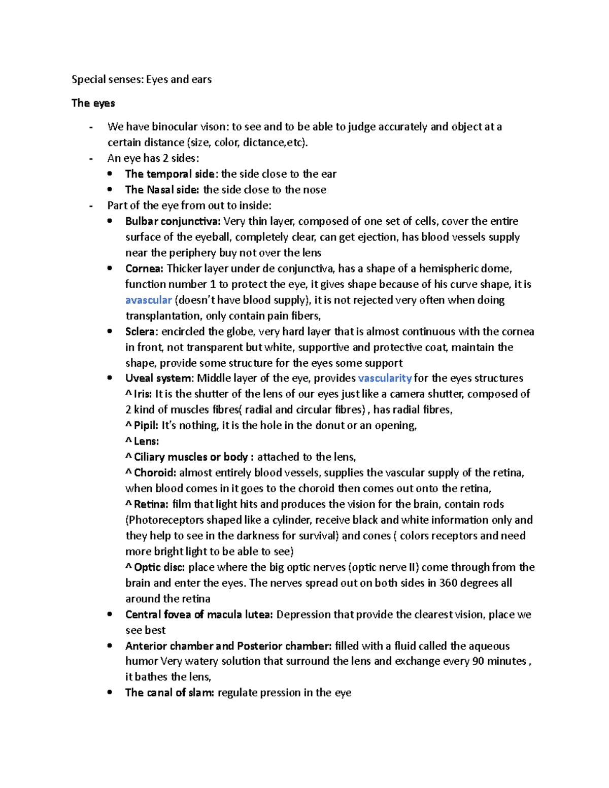 Module 1 Personal Notes , Special senses - Special senses: Eyes and ...