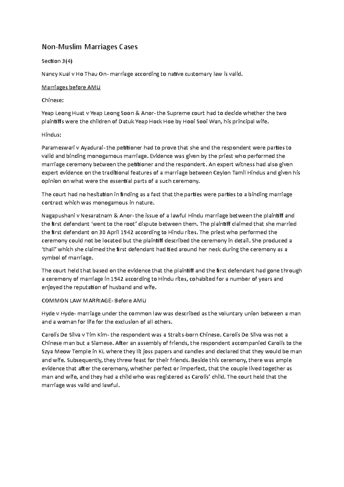 Marriage cases chapter 3 - Non-Muslim Marriages Cases Section 3(4 ...