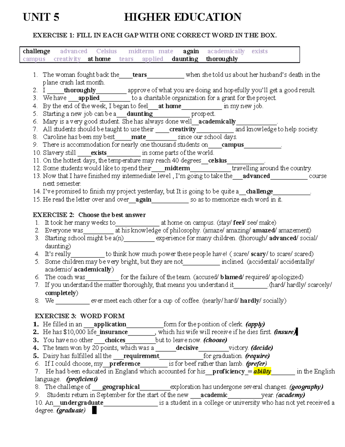 UNIT 5 Higher Education - UNIT 5 HIGHER EDUCATION EXERCISE 1: FILL IN ...