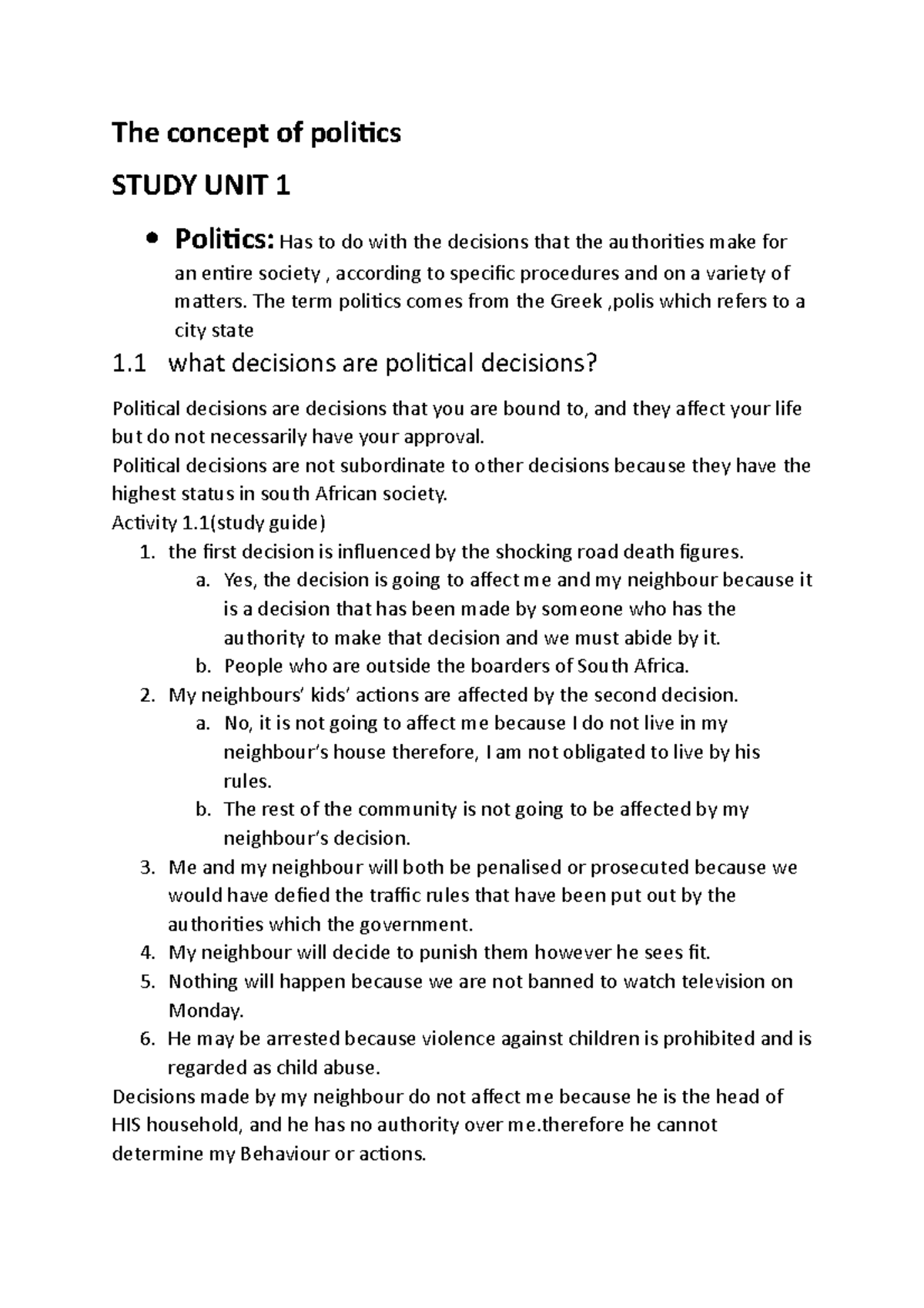 Study UNIT 1- Summary Notes -THE Concept OF Politics - The concept of ...