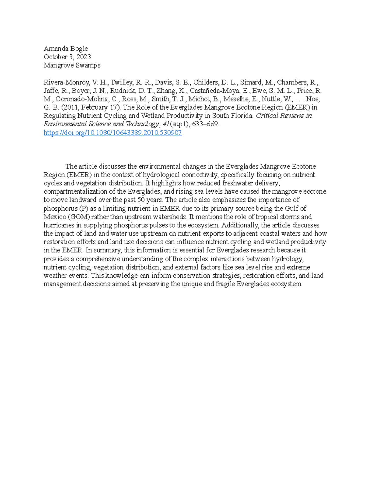 Mangrove paper summary - Amanda Bogle October 3, 2023 Mangrove Swamps ...