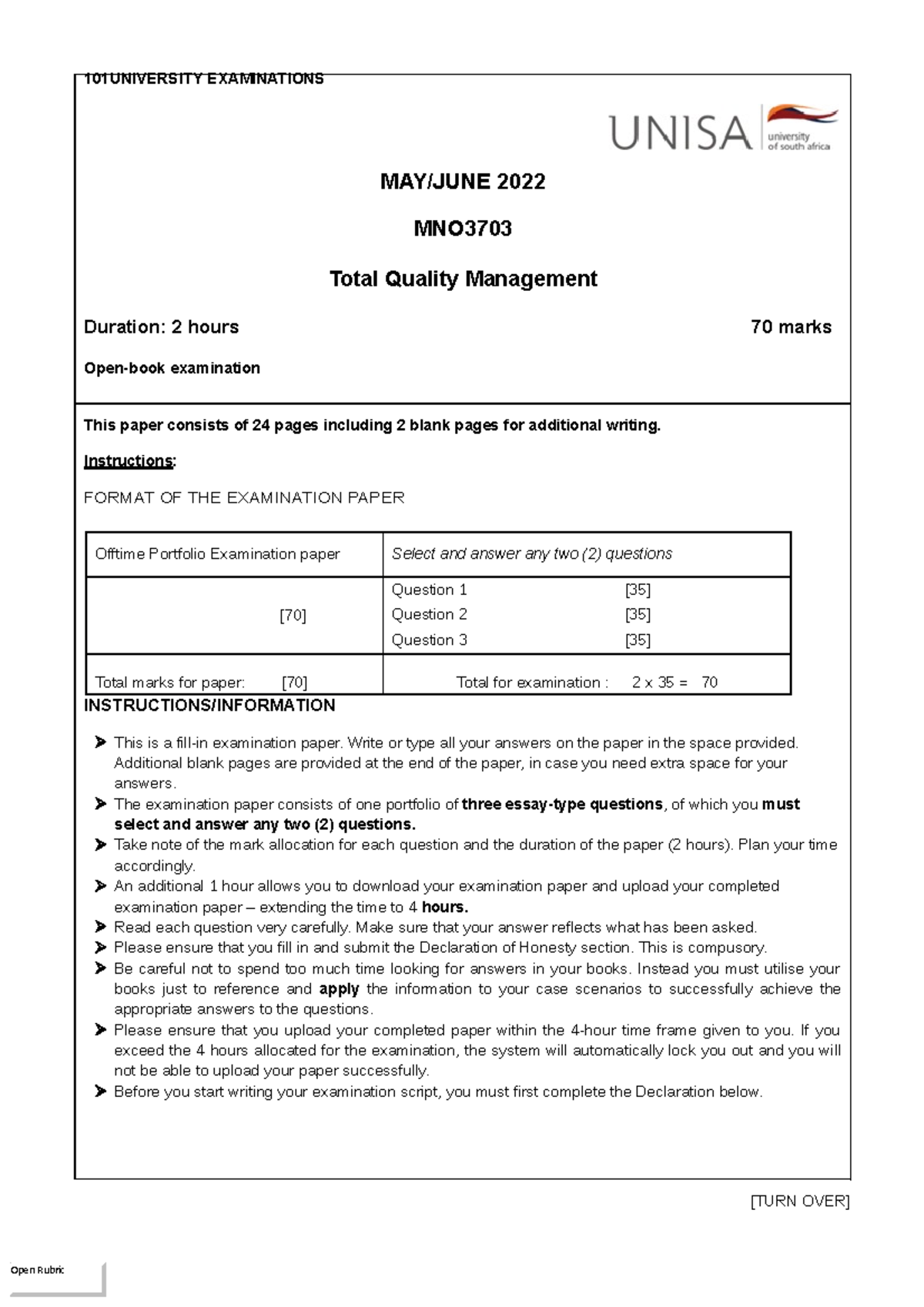 MNO3703 Assessment 3 May June 2022 - 101UNIVERSITY EXAMINATIONS MAY ...