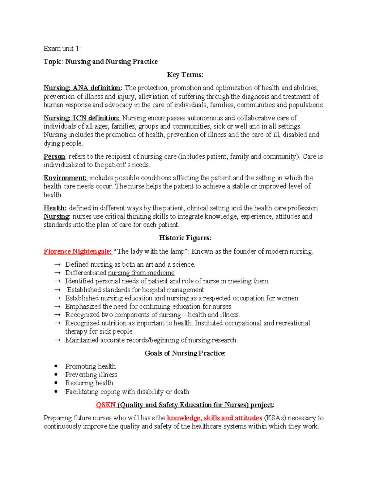 Unit Review Final - Lecture - Exam unit 1: Topic: Nursing and Nursing ...