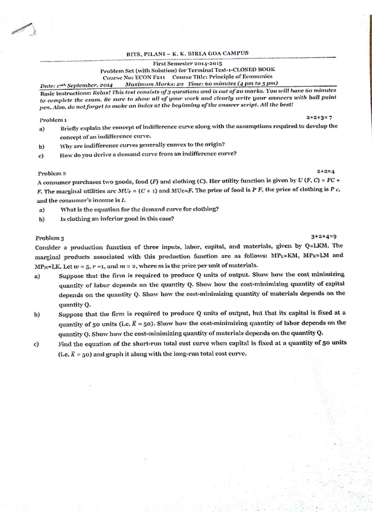 Exam 2014, questions and answers - ll lTS‘ l'lLANl -— K. K. lllRlA GOA CAM l’US , - Studocu