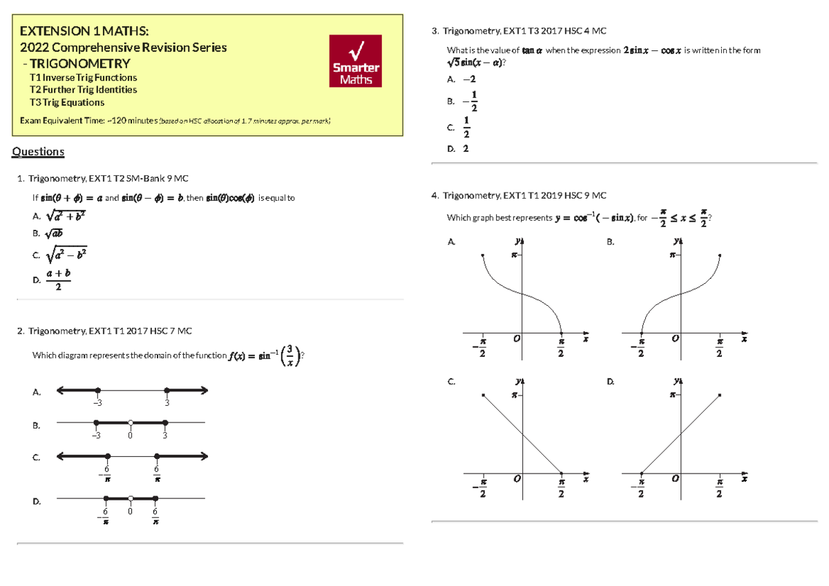 EXT1 2022 HSC CRS T1 3 - Trig questions - Trigonometry, EXT1 T2 SM-Bank ...
