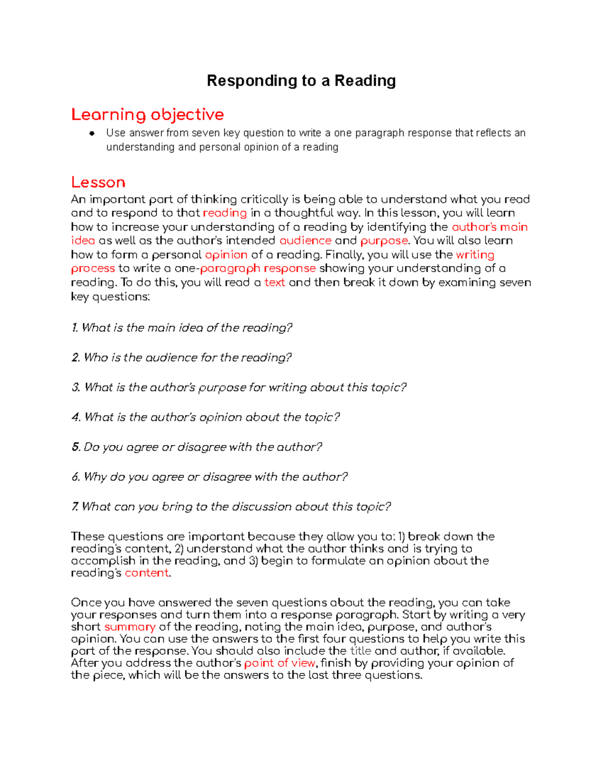 Responding to a Reading - Responding to a Reading Learning objective ...