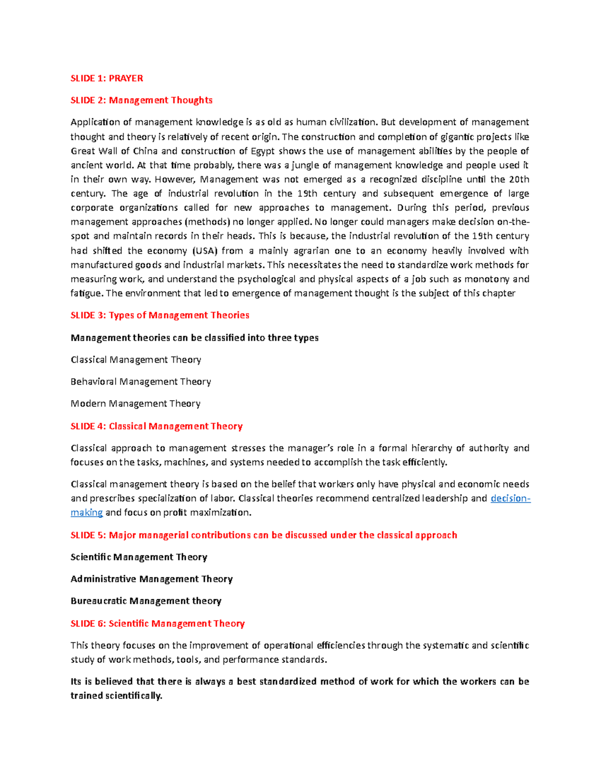 Spill CH0022 - Lecture notes - SLIDE 1: PRAYER SLIDE 2: Management ...