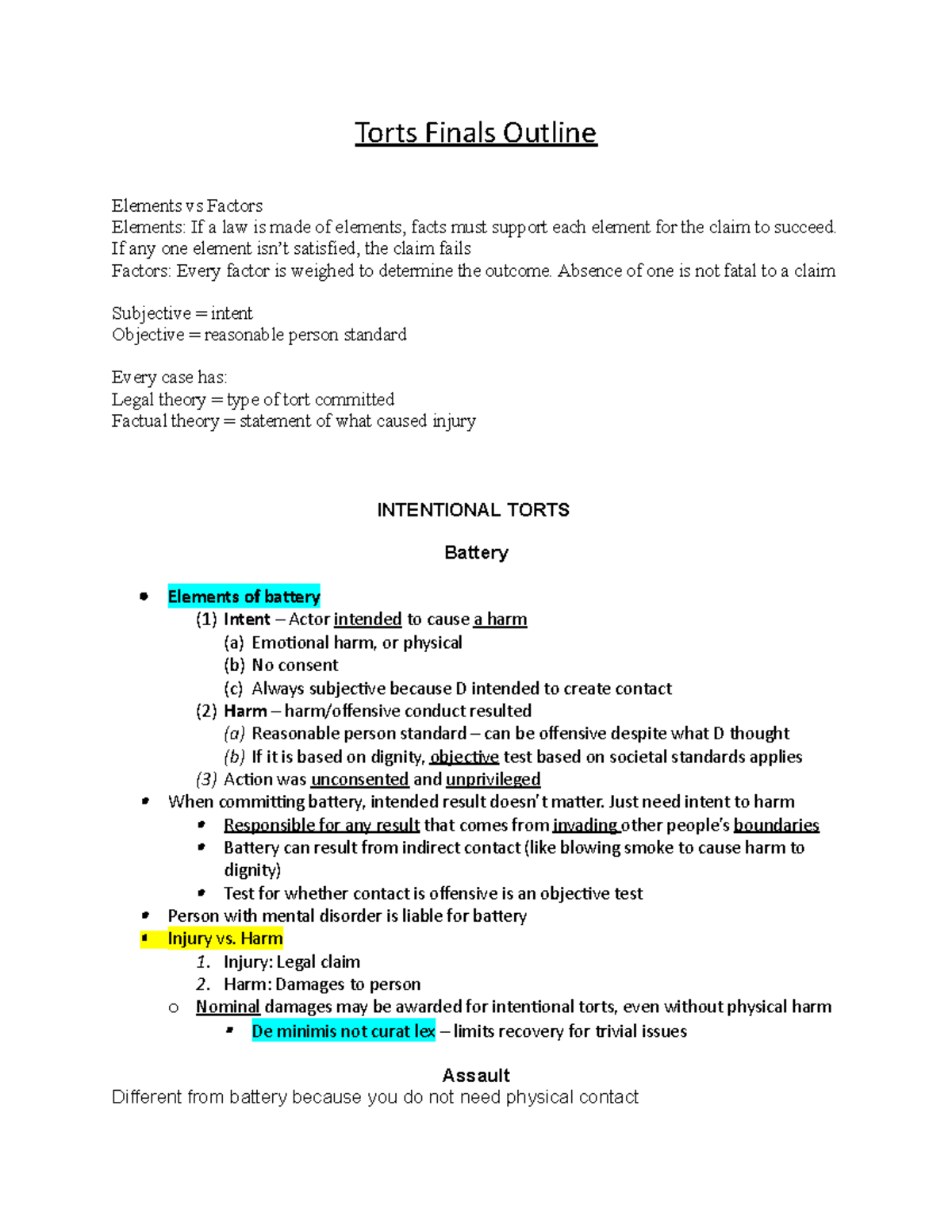 Torts Finals Outline - Torts Finals Outline Elements vs Factors ...