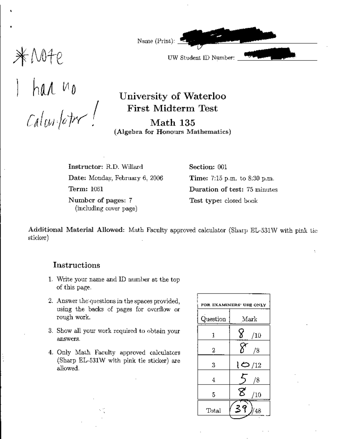 University of Waterloo Math135 Midterm 2006 Winter - Math 135 - Studocu