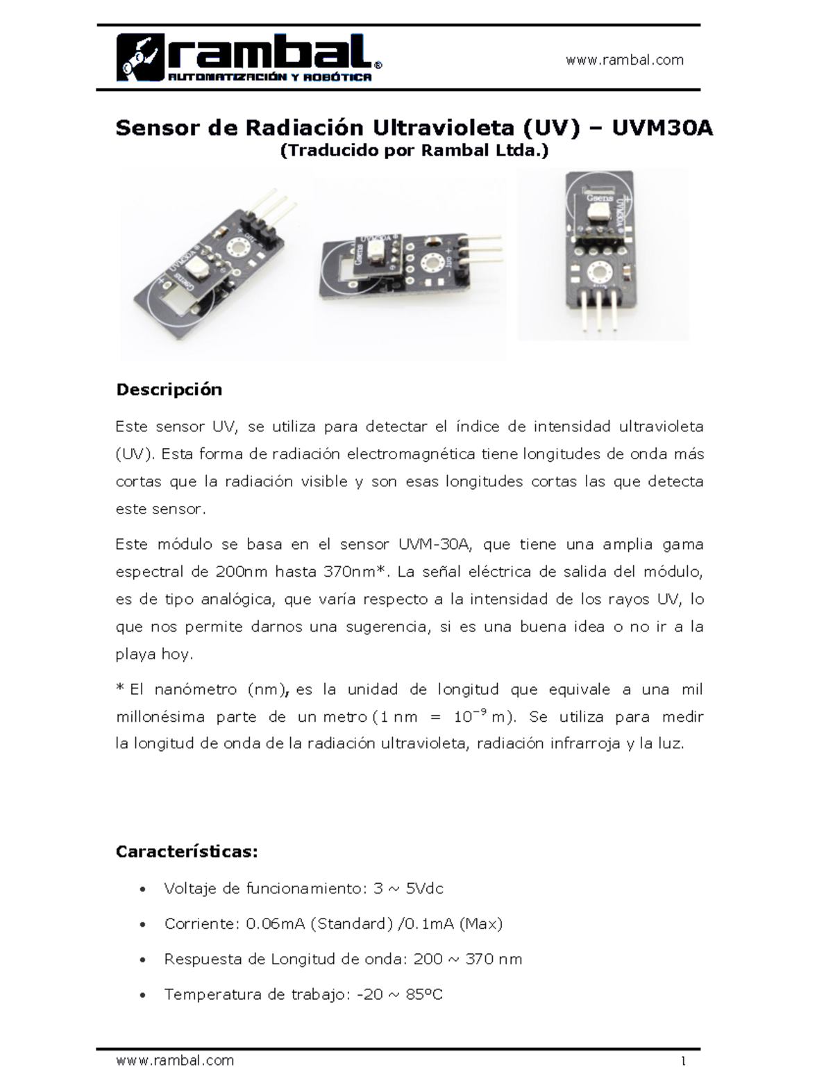 Sensor UV-UVM30A - rambal 1 rambal Sensor de Radiación Ultravioleta (UV) – UVM30A (Traducido por ...
