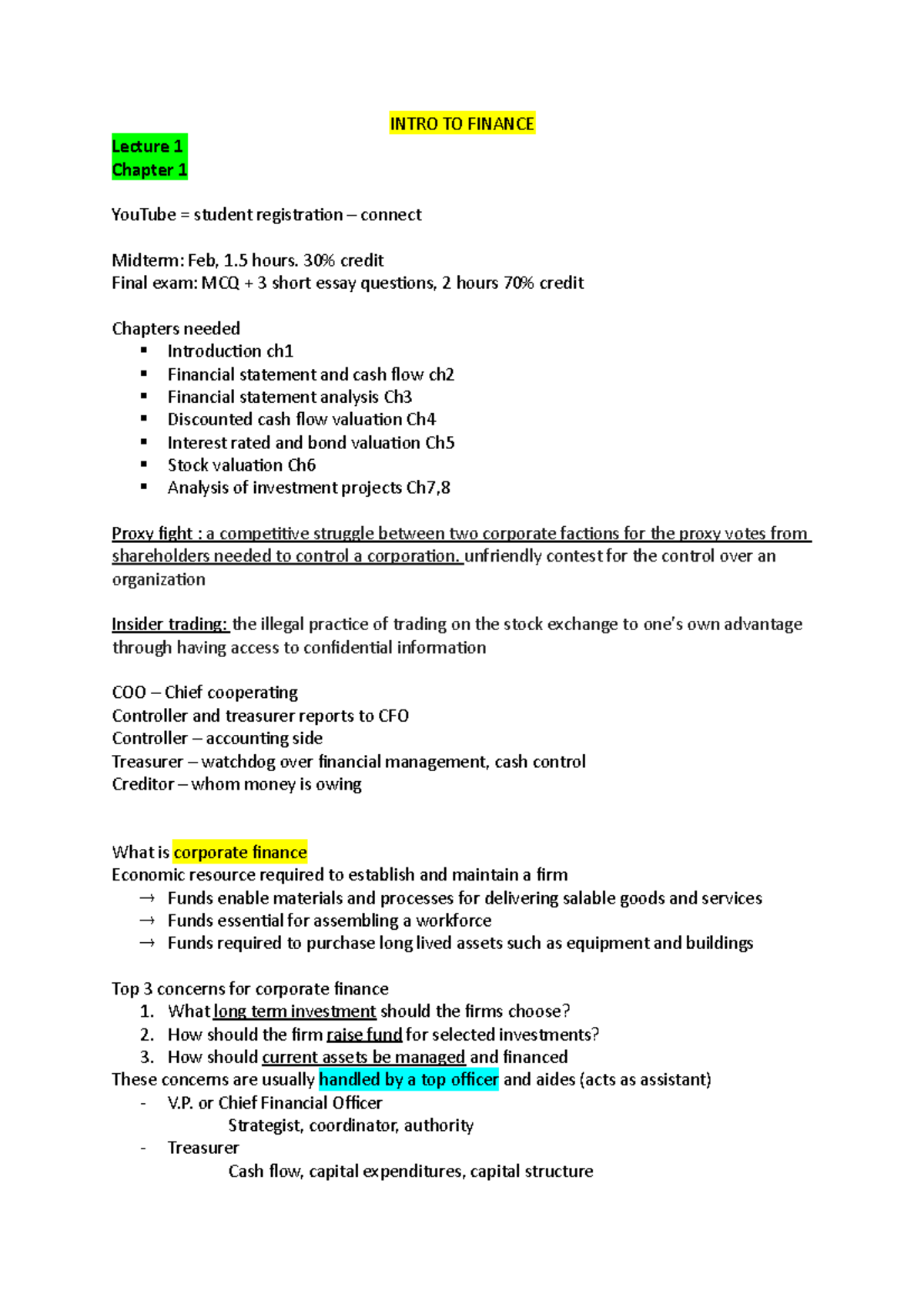 Lecture Notes 2 - INTRO TO FINANCE Lecture 1 Chapter 1 YouTube ...