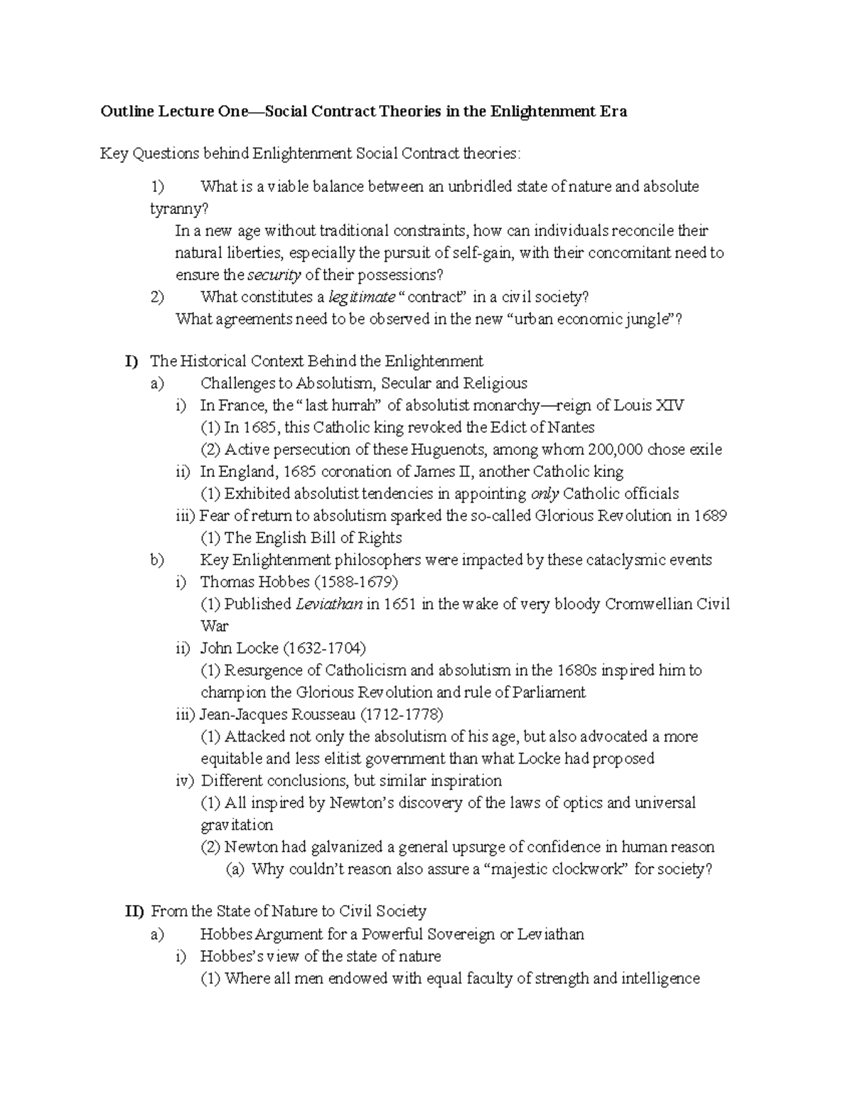 Lecture 1 - Outline Lecture One—Social Contract Theories in the ...