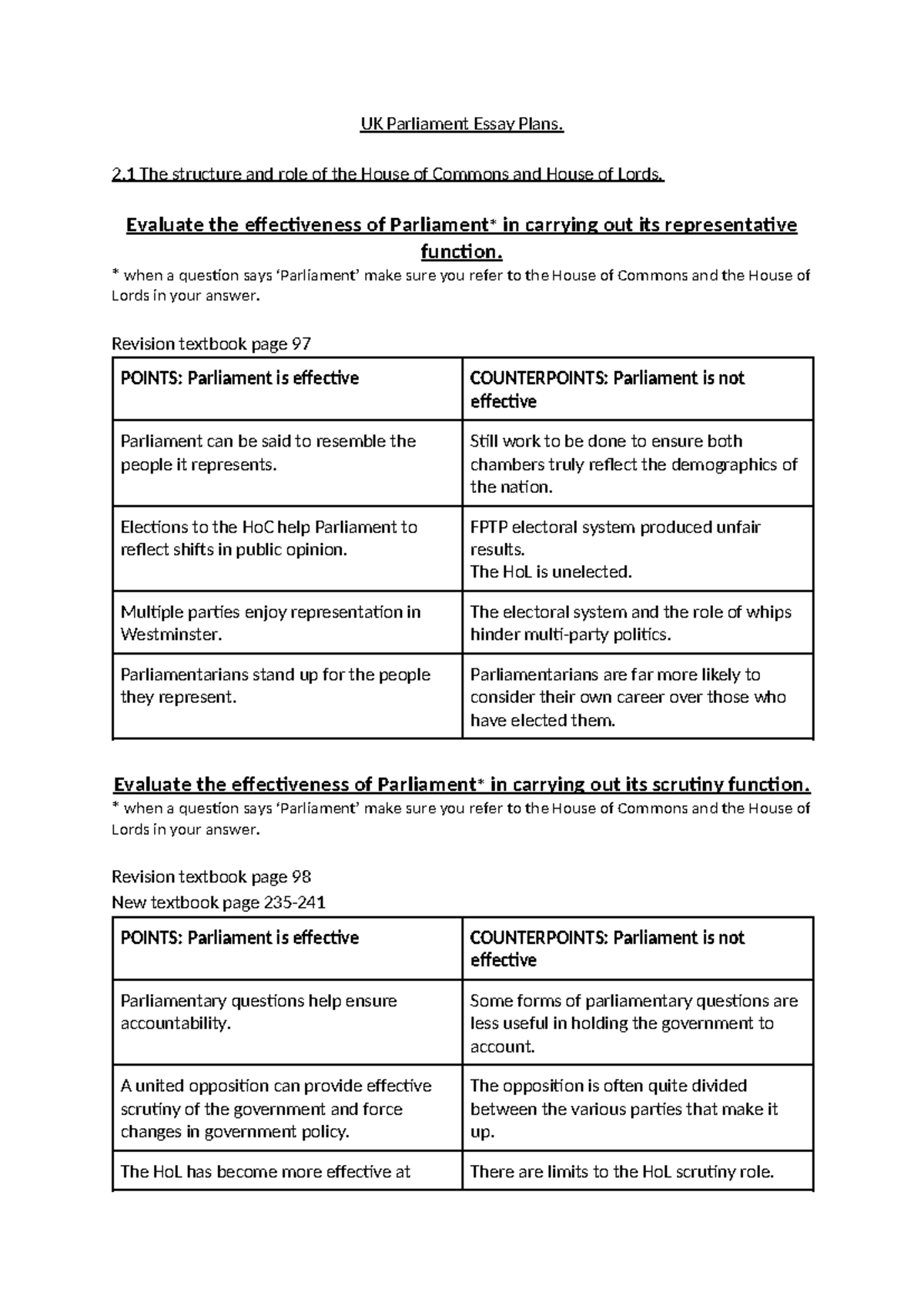 Parliament Essay Plans - 2 The structure and role of the House of ...