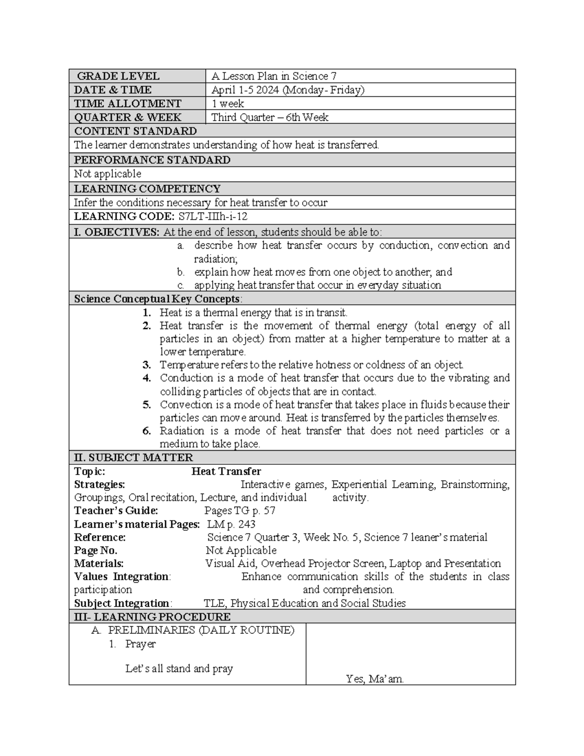 HEAT - lesson plan - GRADE LEVEL A Lesson Plan in Science 7 DATE & TIME ...