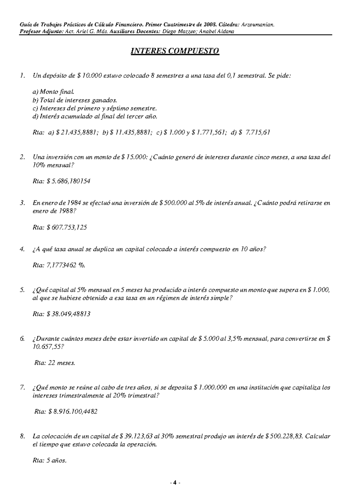 Ejercicios Interés Compuesto - Guía de Trabajos Prácticos de Cálculo Financiero. Primer ...