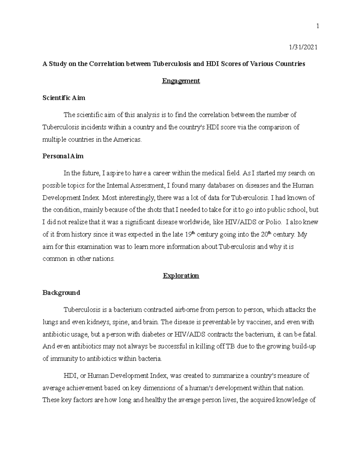 IB Biology SL IA - Study of Tuberculosis and HDI Scores in the Americas ...