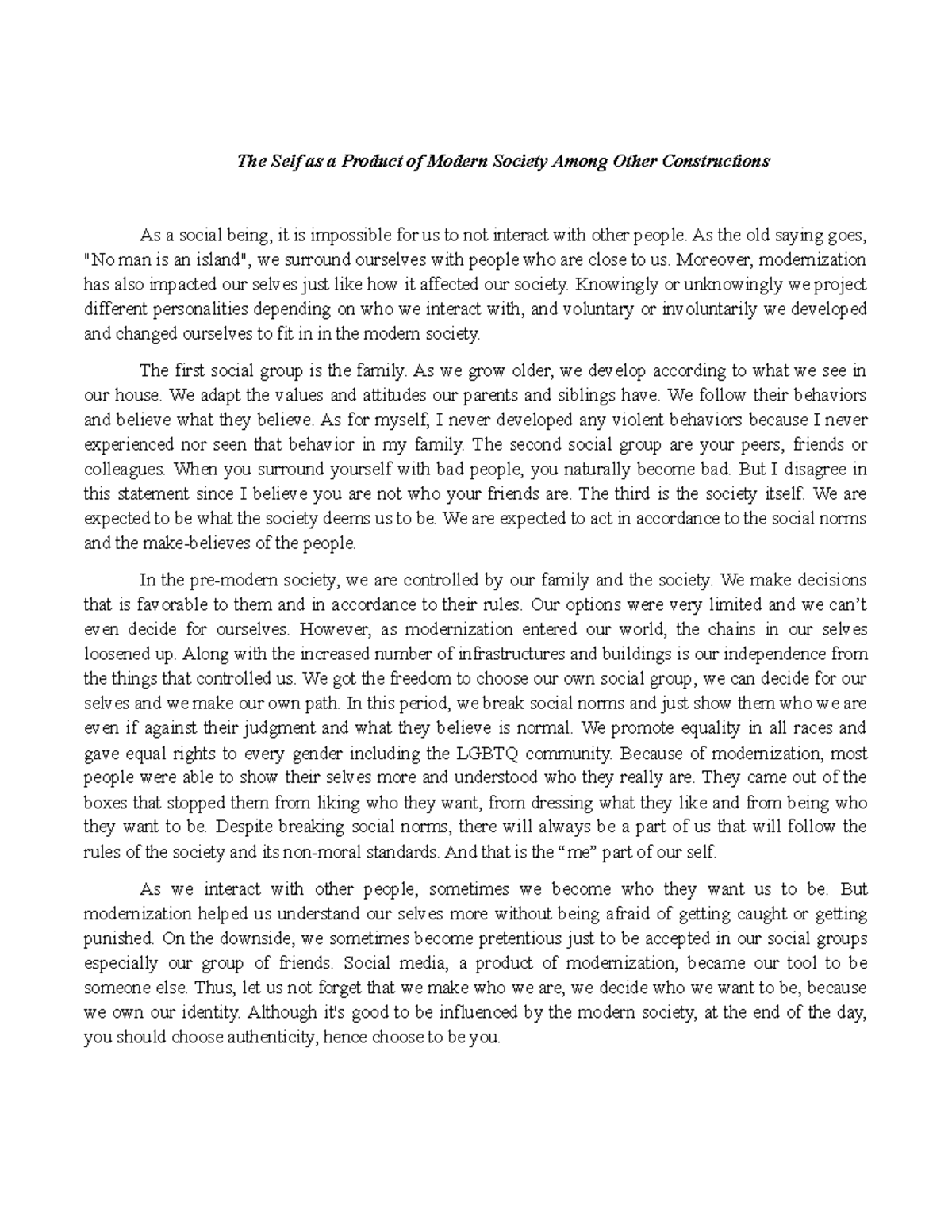 Lesson 2 reflection - Society - The Self as a Product of Modern Society ...