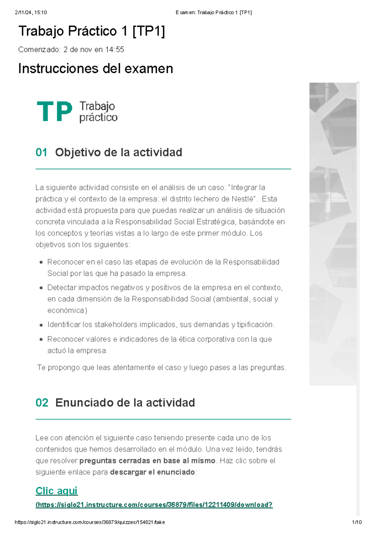 Examen Trabajo Práctico 1 [TP1] 95 - Trabajo Práctico 1 [TP1] Comenzado: 2 de nov en 14: - Studocu