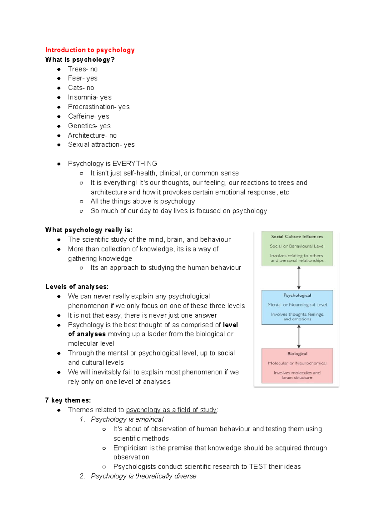 Week 1 - chapter 1 lecture notes - Introduction to psychology What is ...
