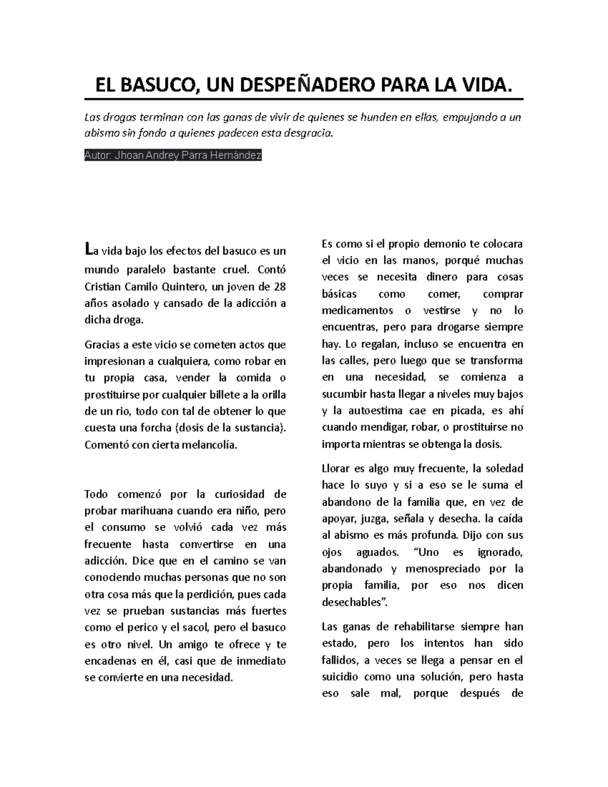 EL Basuco - noticia hacerca de un indiviuo - EL BASUCO, UN DESPEÑADERO ...