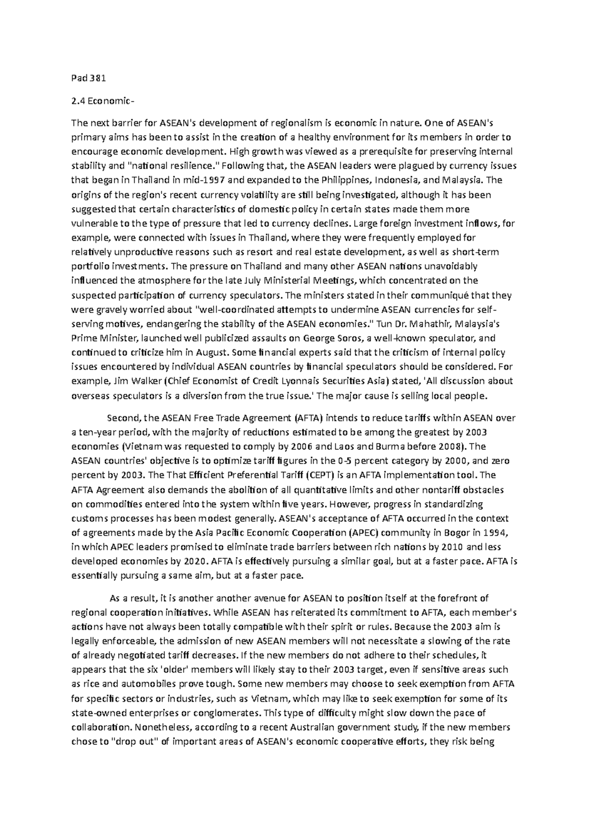 Pad 381 - PAD381 tutorial work - Pad 381 2 Economic- The next barrier for ASEAN's development of ...