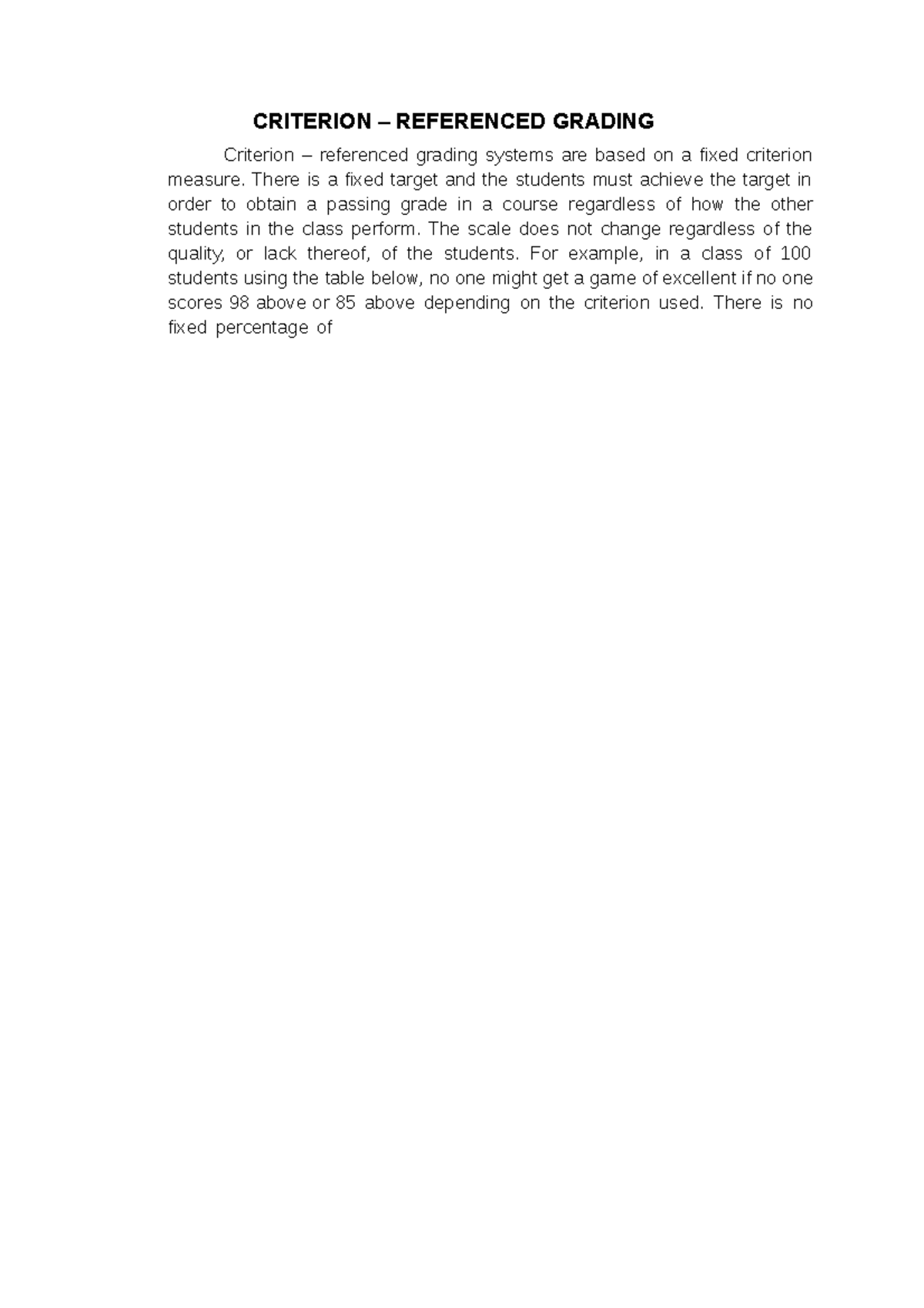 Criterion – Referenced Grading - CRITERION – REFERENCED GRADING ...